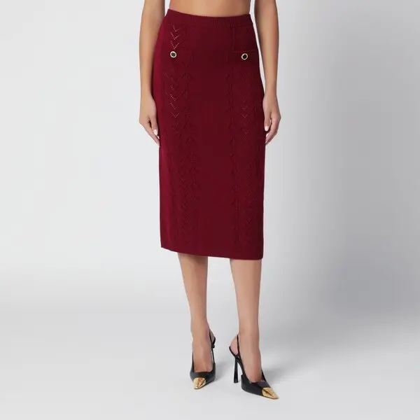 Alessandra Rich Bordeaux Merino Wool Lace Knit Midi Skirt - Red