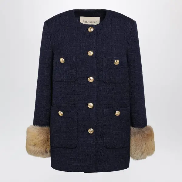 Valentino Garavani Navy Peacoat In Wool Tweed