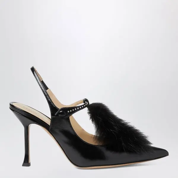 Fendi Noir Calf Leather Slingbacks With Fur And Stud Detailing