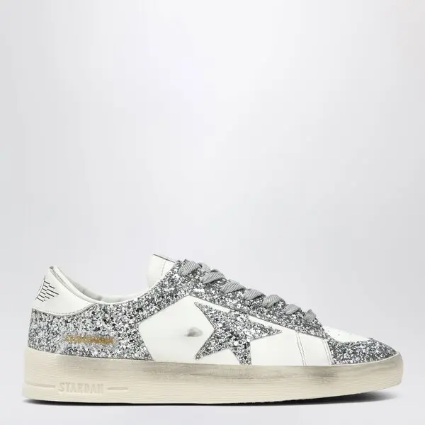 GOLDEN GOOSE Stardan Leather Sneakers With Glitter Accents - Silver