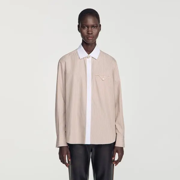 Sandro Striped Cotton Shirt With Embellished Collar