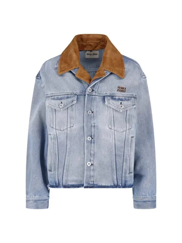 Miu Miu Cotton Denim Jacket With Suede Collar