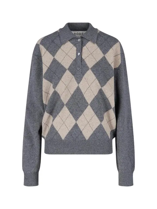 RÓHE Wool Blend Argyle Polo - Gray