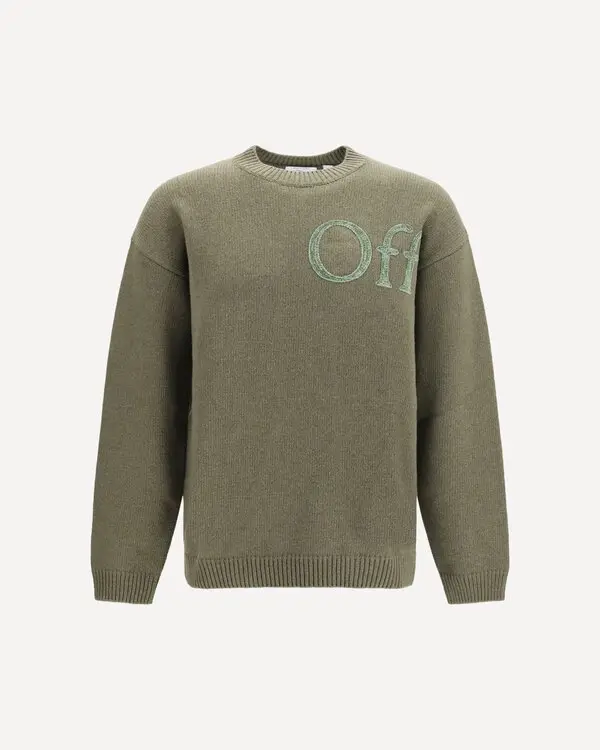 Off-White Bookish" Embroidered Logo Knit Crewneck - Green