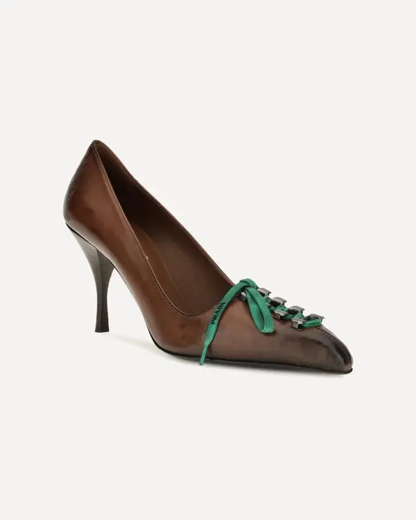 Prada Leather Lace-up Pumps - Brown