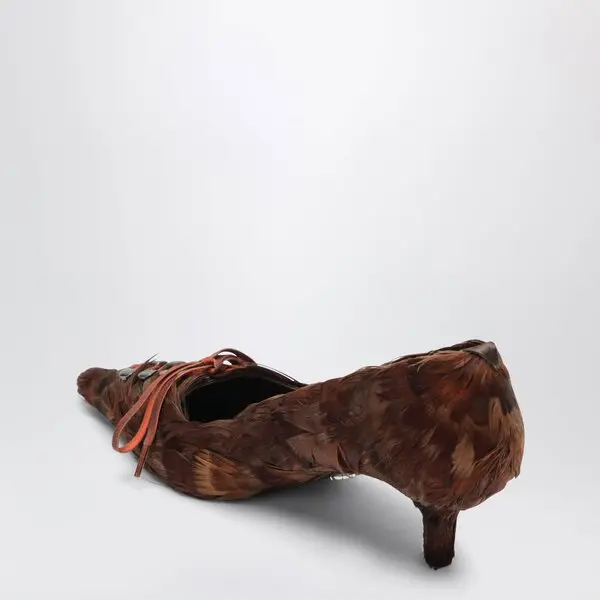 Prada Feather Embellished Satin Pumps - Brown