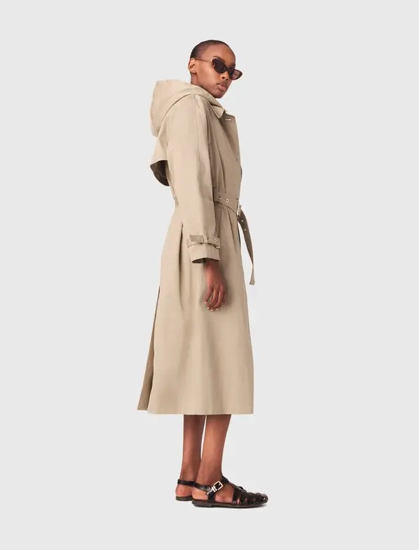 Maje Long Cotton Trench Coat With Removable Hood