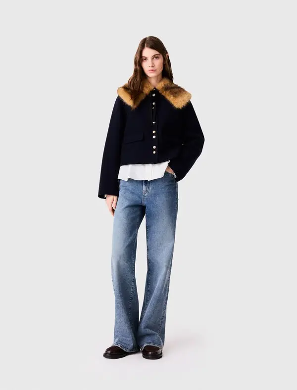 Maje Short Double-faced Wool Coat With Faux Fur Collar