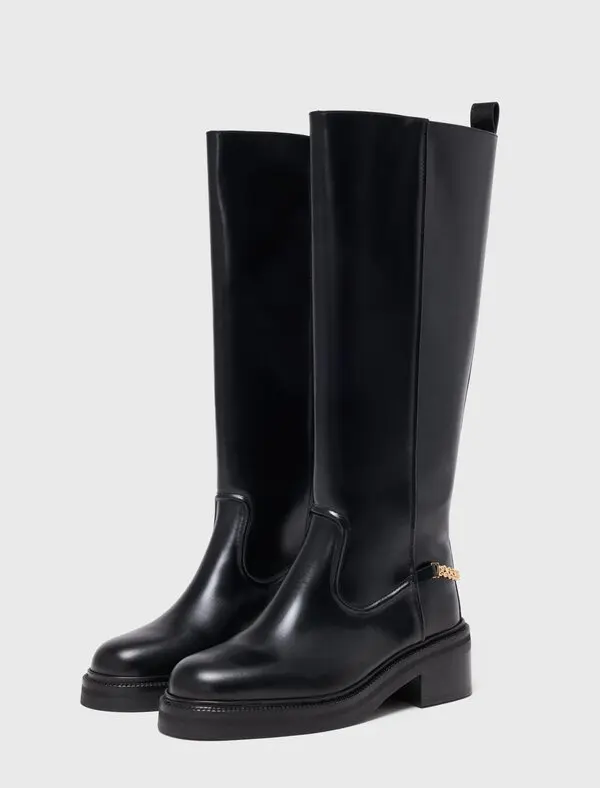Maje Flat Leather Boots With Gold Chain Detail