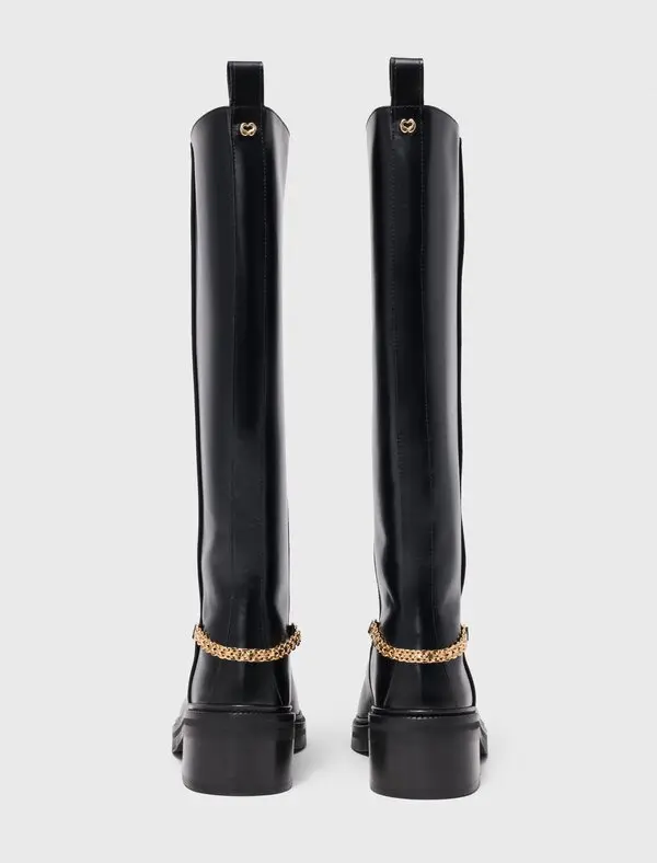 Maje Flat Leather Boots With Gold Chain Detail