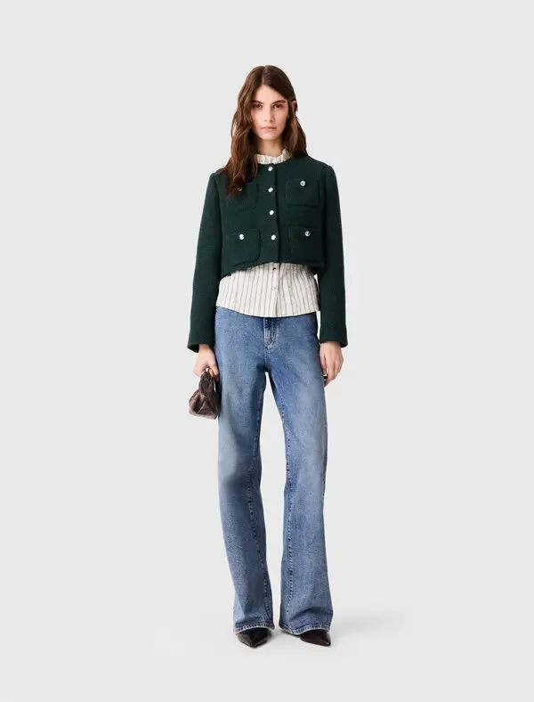 Maje Cropped Tweed Jacket With Fringe Trim - Bottle Green