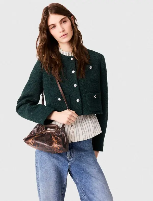 Maje Cropped Tweed Jacket With Fringe Trim - Bottle Green