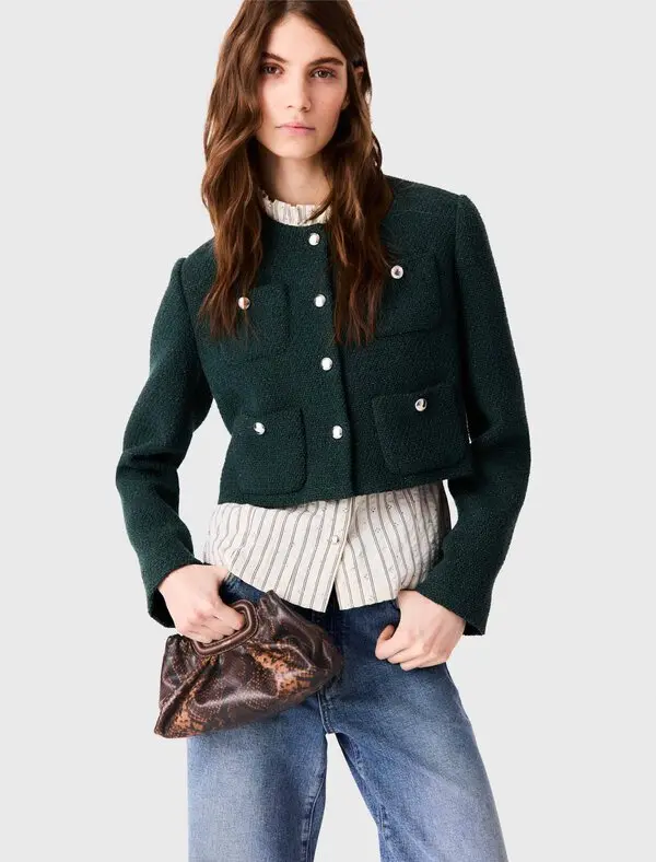 Maje Cropped Tweed Jacket With Fringe Trim - Bottle Green