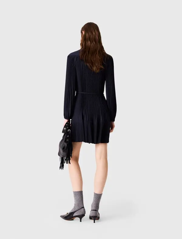 Maje Pleated V-neck Mini Dress With Gold Bead Embellishments