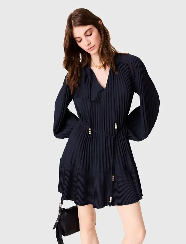Maje Pleated V-neck Mini Dress With Gold Bead Embellishments