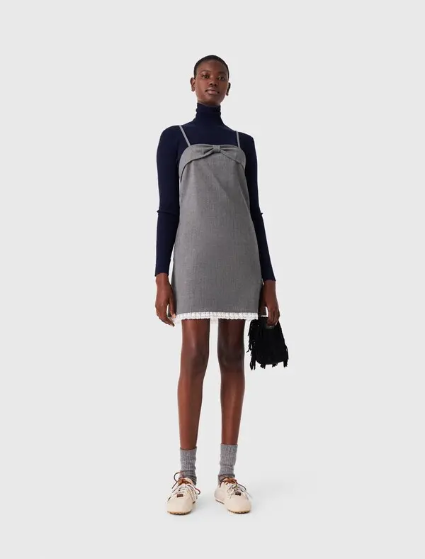 Maje Short Tailored Dress With Lace Trim And Bow Detail