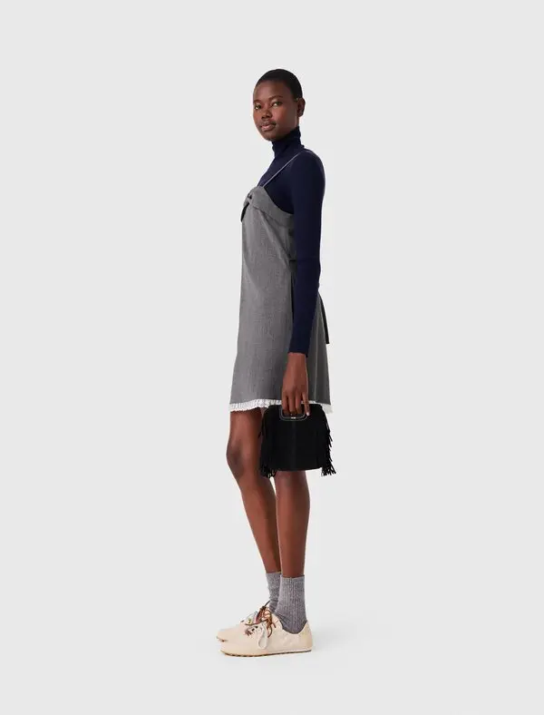 Maje Short Tailored Dress With Lace Trim And Bow Detail