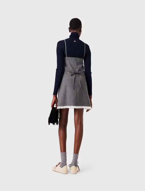 Maje Short Tailored Dress With Lace Trim And Bow Detail