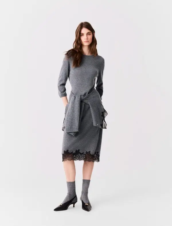 Maje Wool Midi Dress With Lace Trim
