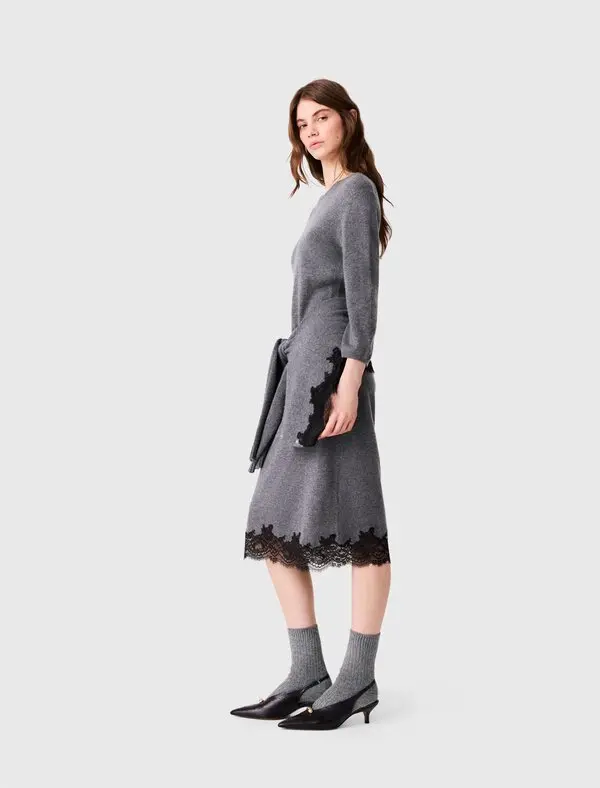 Maje Wool Midi Dress With Lace Trim
