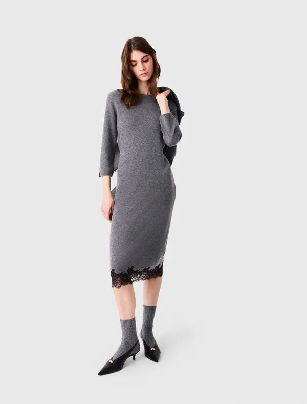 Maje Wool Midi Dress With Lace Trim