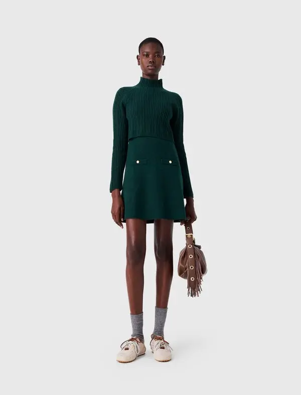 Maje Ribbed Knit 2-in-1 Dress With Gold Button Detail
