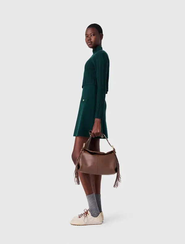 Maje Ribbed Knit 2-in-1 Dress With Gold Button Detail