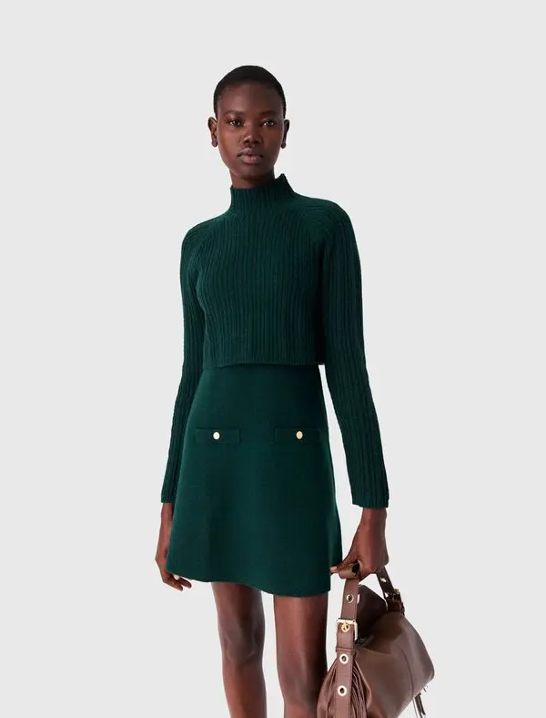 Maje Ribbed Knit 2-in-1 Dress With Gold Button Detail