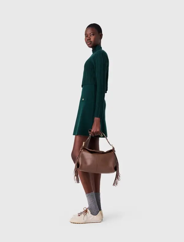 Maje Ribbed Knit 2-in-1 Dress With Gold Button Detail - Bottle Green