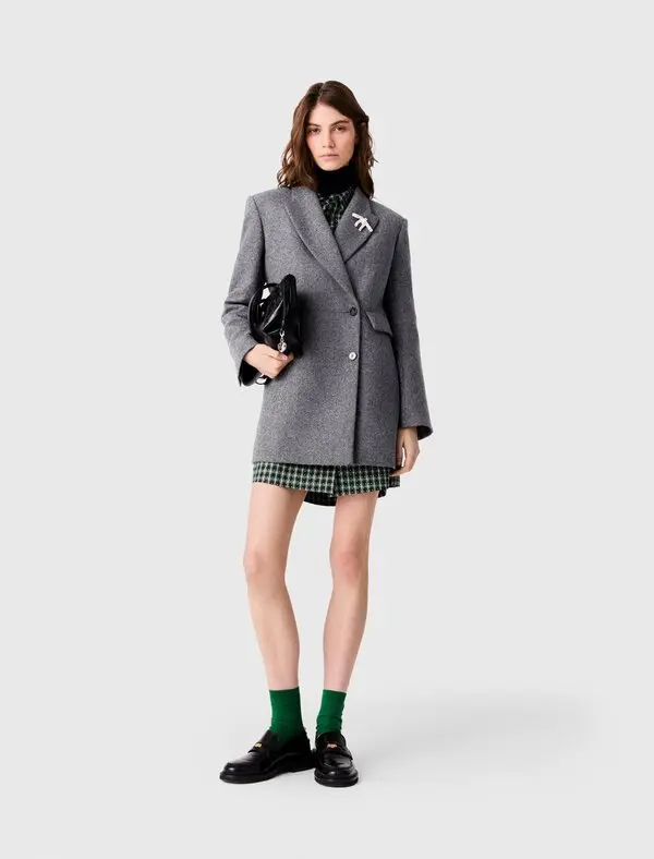 Maje Mid-length Wool Blend Double-breasted Coat With Rhinestone Brooch
