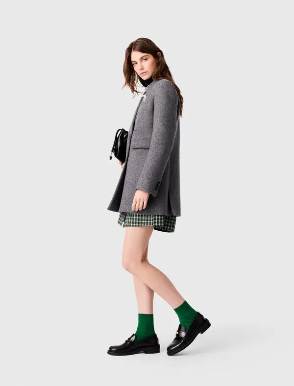 Maje Mid-length Wool Blend Double-breasted Coat With Rhinestone Brooch