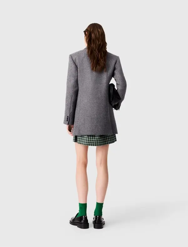 Maje Mid-length Wool Blend Double-breasted Coat With Rhinestone Brooch