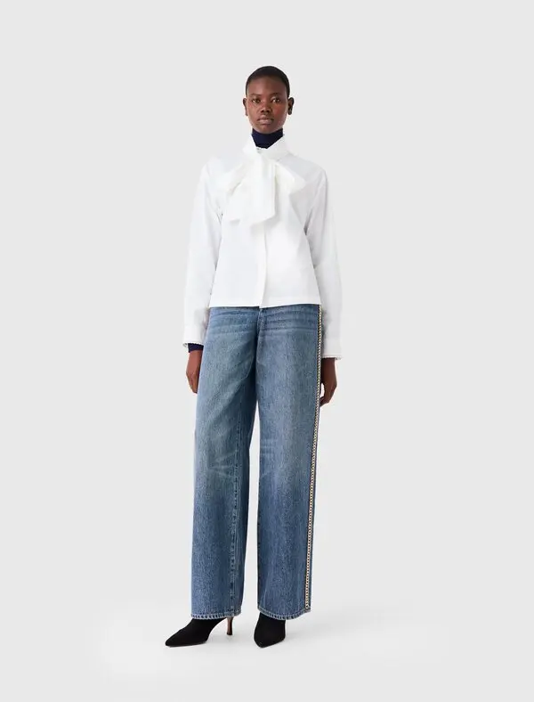 Maje Cotton Shirt With Removable Pussy Bow And Scalloped Trim