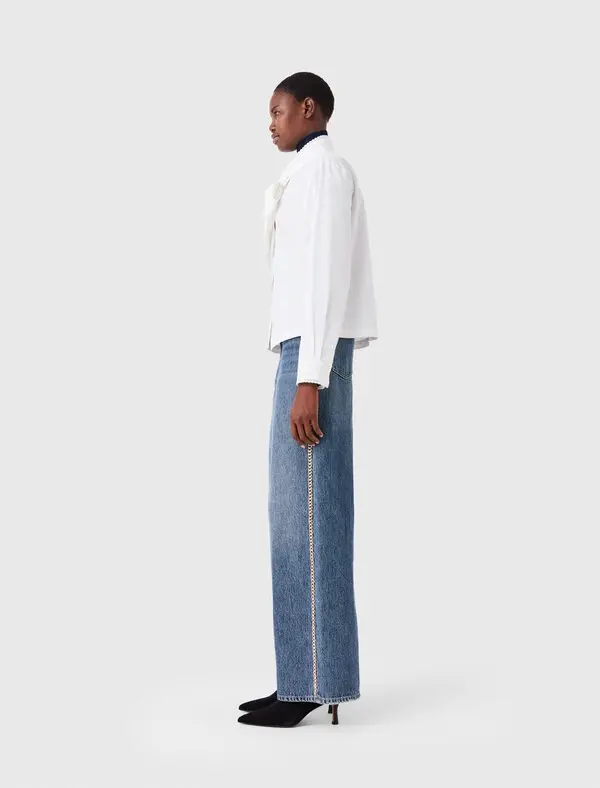 Maje Cotton Shirt With Removable Pussy Bow And Scalloped Trim