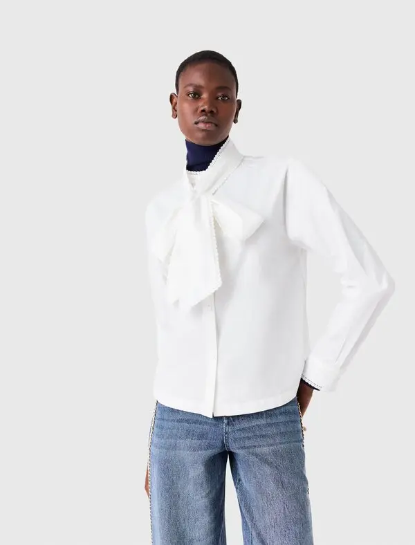 Maje Cotton Shirt With Removable Pussy Bow And Scalloped Trim