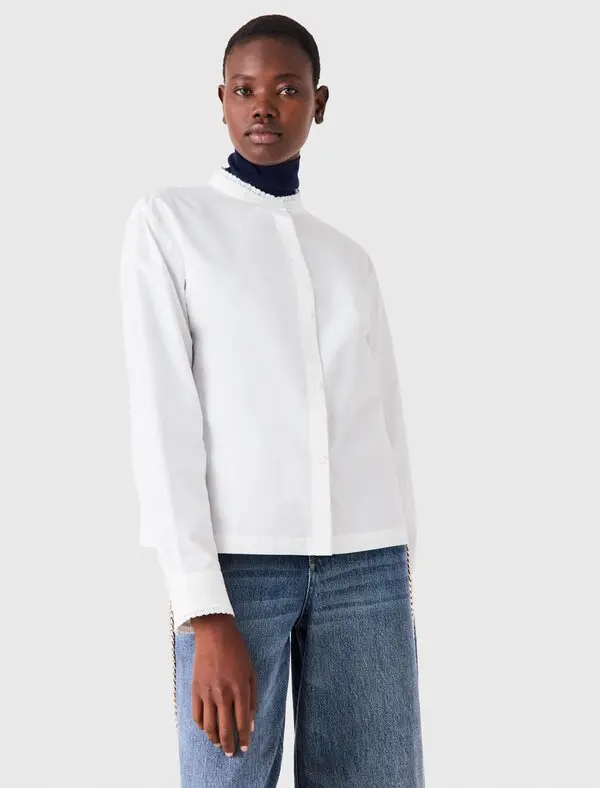 Maje Cotton Shirt With Removable Pussy Bow And Scalloped Trim
