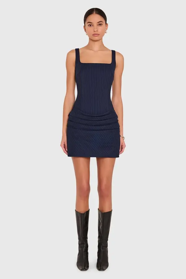 Amanda Uprichard Annabella Dress In Manchester Pinstripe - Navy