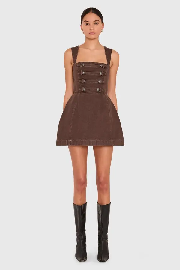 Amanda Uprichard Bethany Romper In Brown Denim - Cocoa