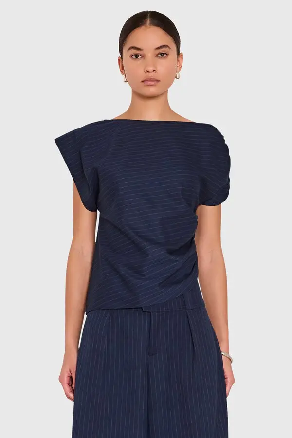 Amanda Uprichard Elroy Top In Manchester Pinstripe - Navy