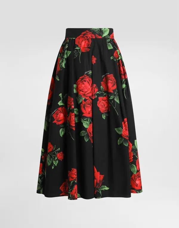 Dolce & Gabbana Rose-print Poplin Pleated Skirt