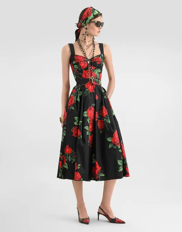 Dolce & Gabbana Rose-print Poplin Pleated Skirt