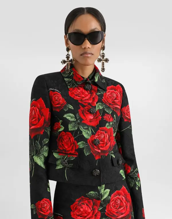 Dolce & Gabbana Rose-print Brocade Jacket With Jewel Buttons