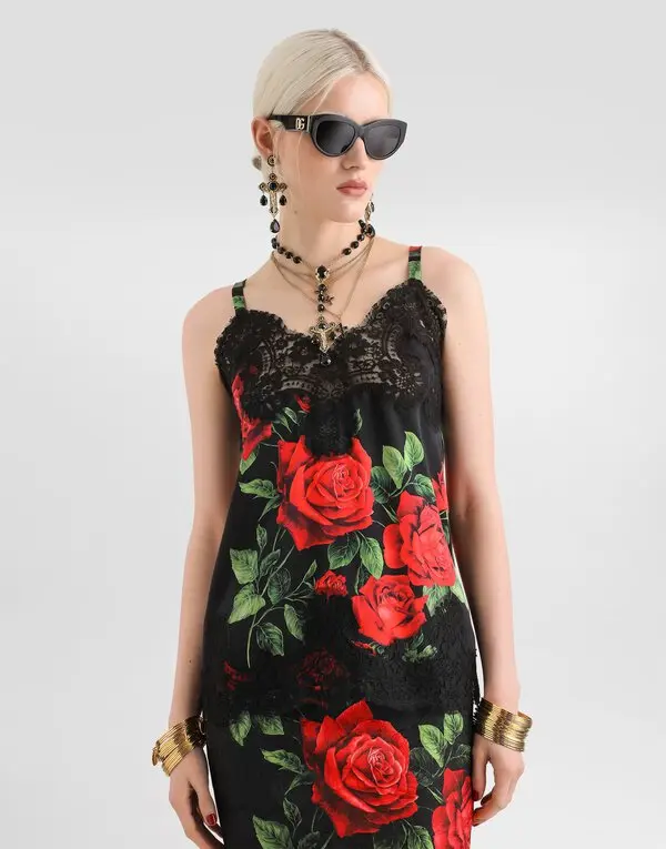 Dolce & Gabbana Rose-print Satin Lace Top