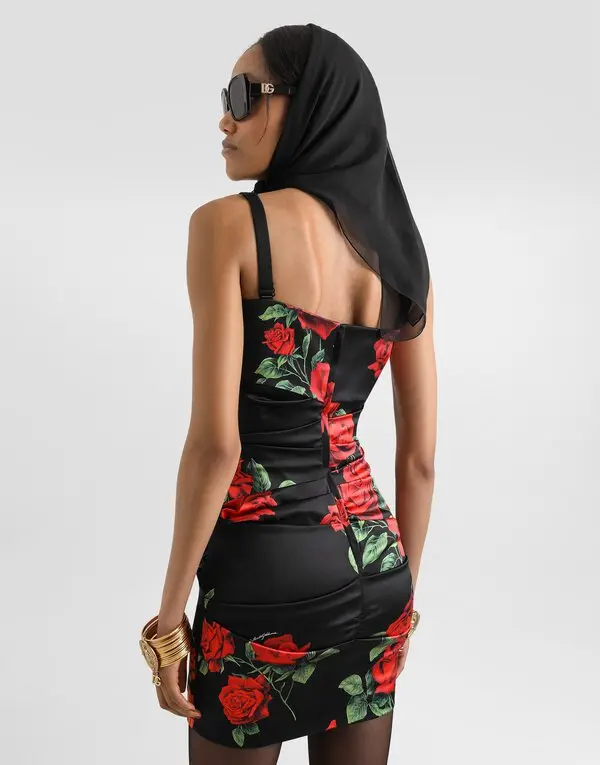 Dolce & Gabbana Rose-print Satin Mini Dress