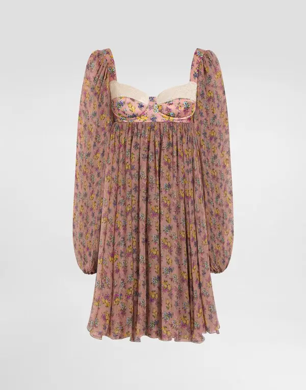 Dolce & Gabbana Chiffon Floral Print Mini Dress With Lace Trim - Multicolor