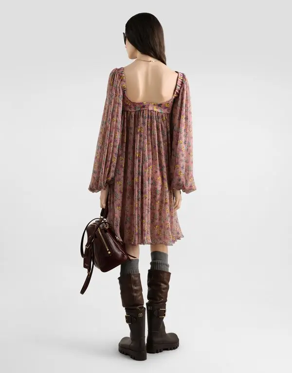 Dolce & Gabbana Chiffon Floral Print Mini Dress With Lace Trim