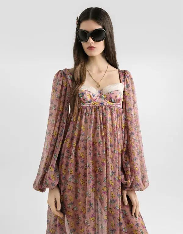 Dolce & Gabbana Chiffon Floral Print Mini Dress With Lace Trim