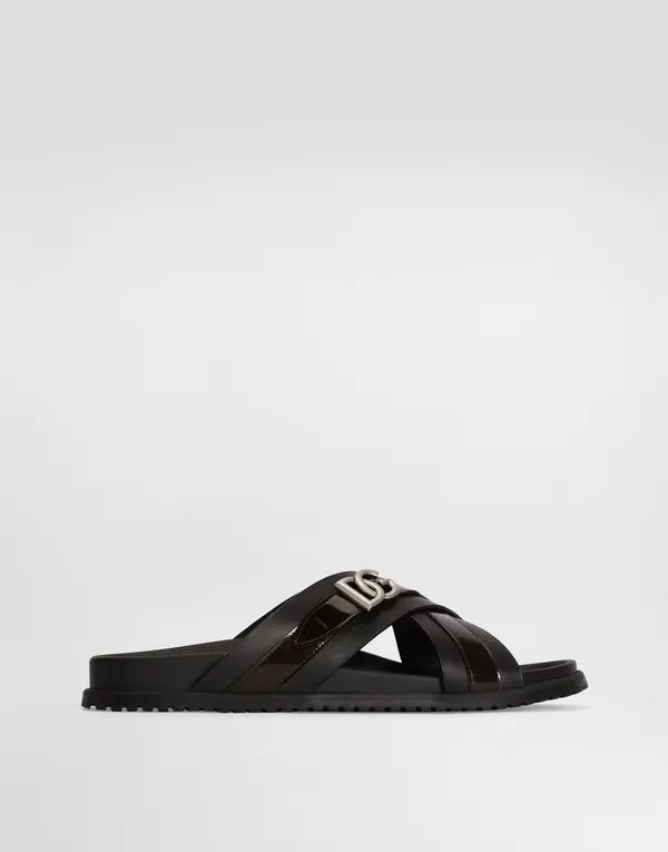 Dolce & Gabbana Leather And Patent Leather Criss-cross Slides With Dg Logo - Multicolor