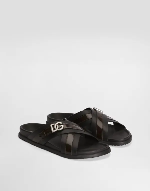 Dolce & Gabbana Leather And Patent Leather Criss-cross Slides With Dg Logo - Multicolor