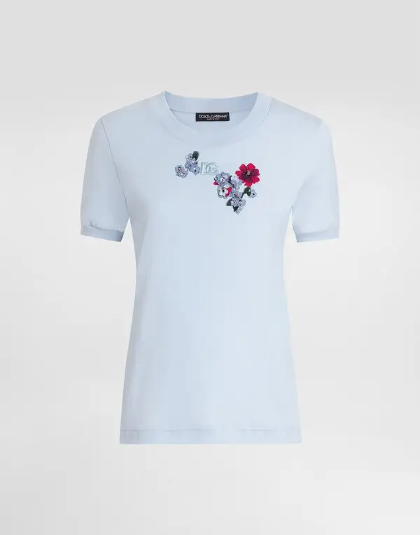Dolce & Gabbana Jersey T-shirt With Flower Patch - Azure